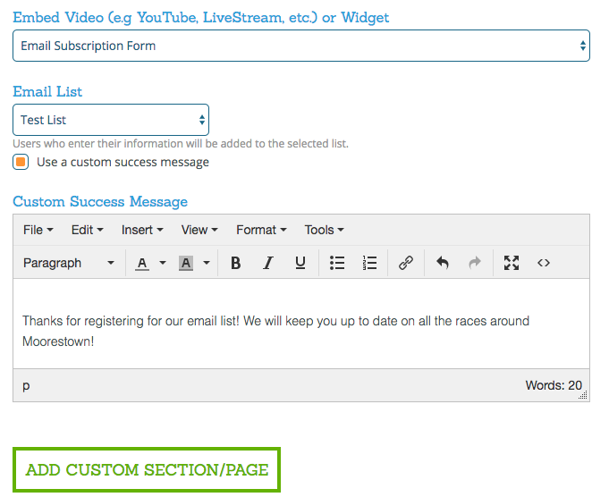 Custom Success Message for EMail List Subscription – RunSignup Blog